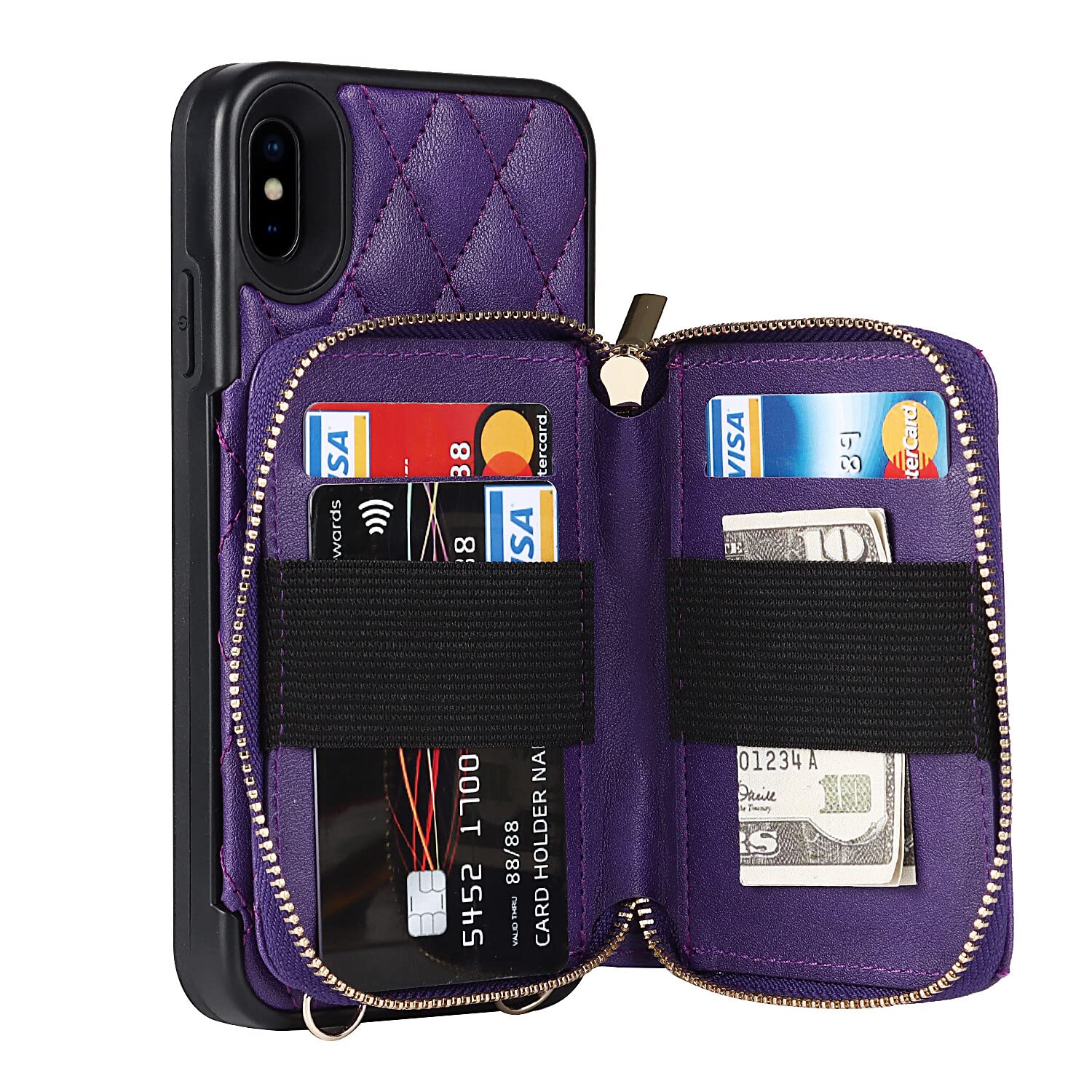 ShunJieTech for iPhone Xs Max Case,for iPhone XSMax Wallet Case with Card Holder,Crossbody Chain Purse Wrist Handbag Strap Leather Cover Case [Card Slots][Coin Zipper Pocket](6.5")-Purple