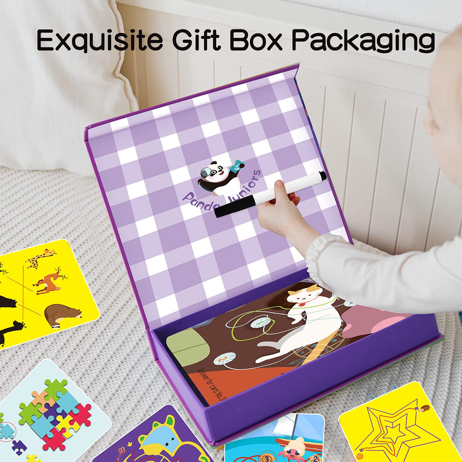Panda Juniors Brain Games Flash Cards, Early Learning Flash Cards Toys Write and Wipe Practice Card, Preschool Educational Toys for 3 4 5 6 7 8 Years Old (30 Flashcards and Marker)
