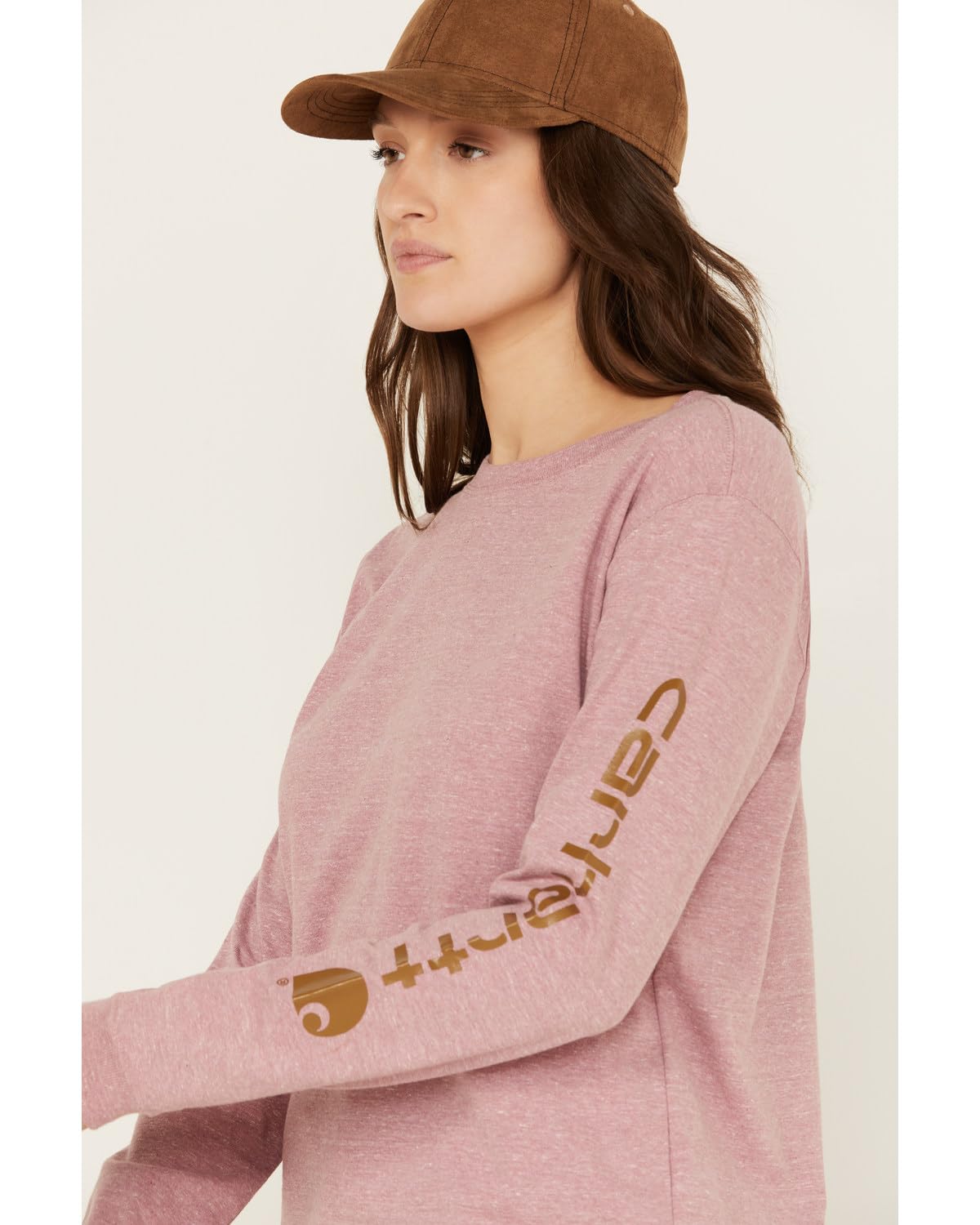 Carhartt Women's Loose Fit Heavyweight Long Logo Sleeve Graphic T-Shirt, Foxglove Snow Heather, Medium