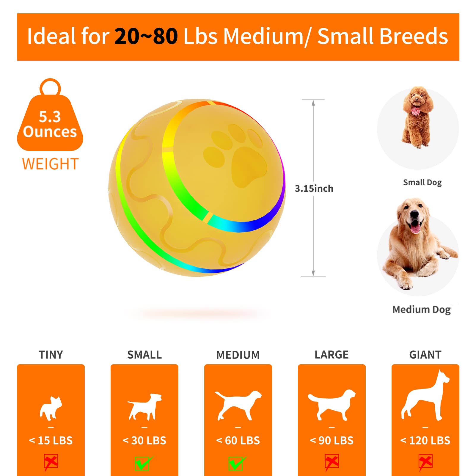 Bysunty Interactive Dog Ball Toy for Medium Small Dogs, Active Rolling Ball with Light-Up & Remote Control, Automatic Puppy Pet Birthday Gift Yellow