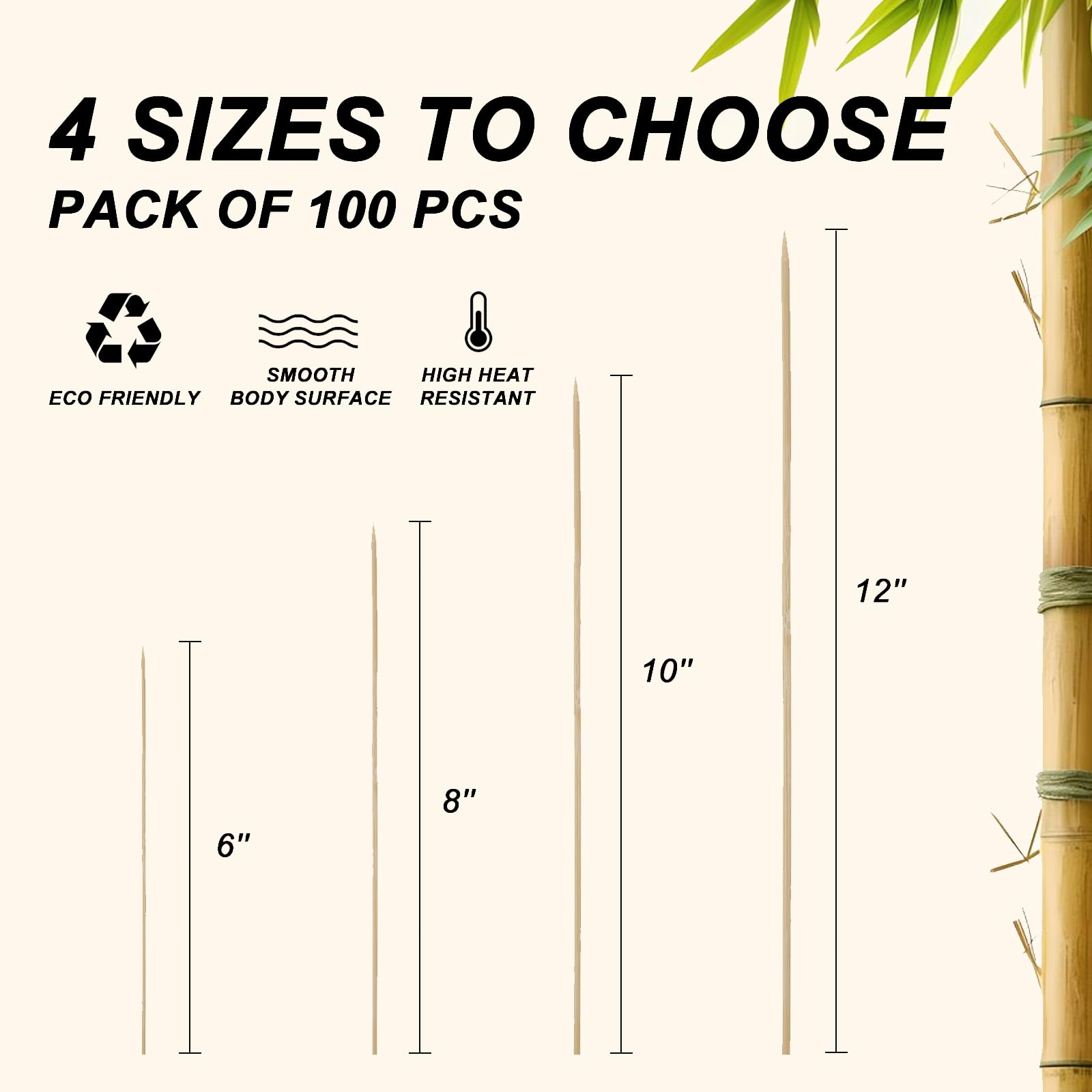 DaTpuik 12 inch Natural Bamboo Skewers for Barbecue Party,Fruit,Kabob,Appetiser,Hamburger,Cocktail,Craft,Bouquet,Chocolate Fountain,Corn Dog, diameter=4mm. More Size Choices 6"/8"/10"/12"(100 PCS)