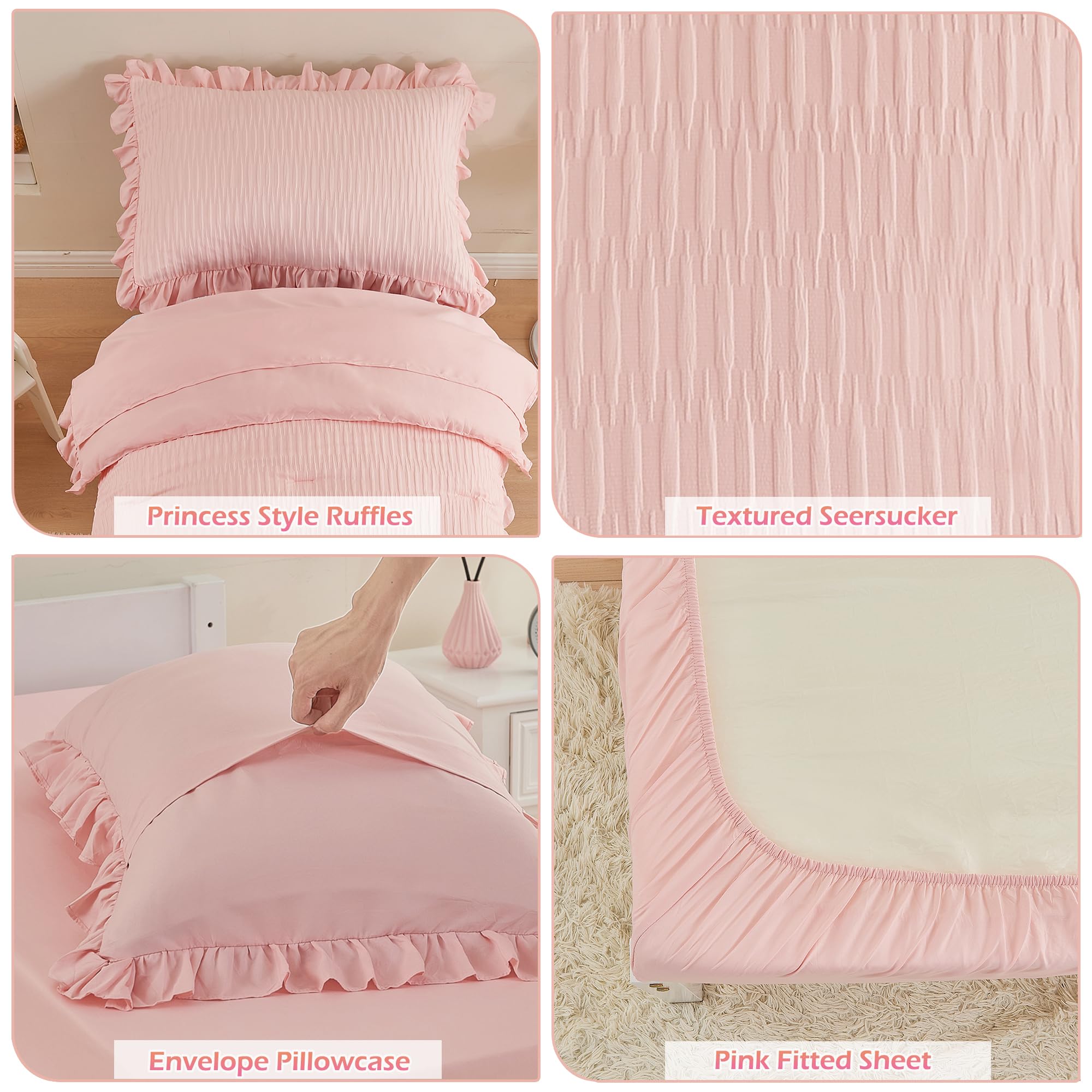Cozyholy 4 Piece Textured Seersucker Toddler Bedding Set Girls Crib Sheets Set Pink Ruffle Baby Bed Comforter Set Lightweight Bed in a Bag | Include Comforter, Flat Sheet, Fitted Sheet, Pillowcase