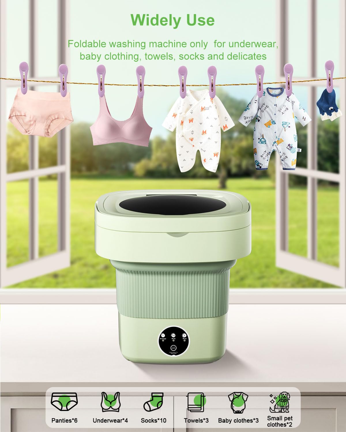 Portable Washing Machine, Mini 9L Foldable Washer and Dryer with 3 Modes Deep Cleaning for Underwear,Baby Clothes,Socks,Small Items.Mini Laundry Washer for Apartments,Dormitories,Camping,Travel(Green)