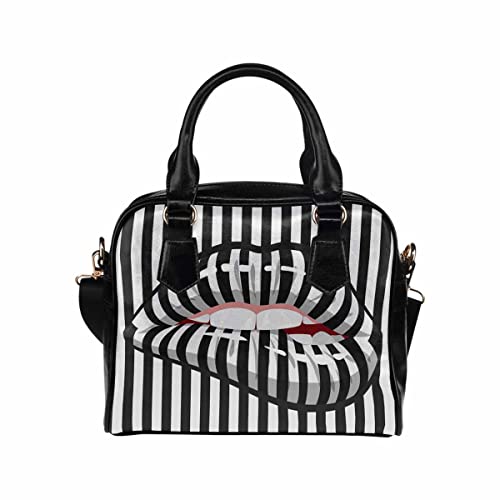 D-Story Lips Black And White Striped Handbags for women Textured Leather Shoulder Bag Purse Handbag with Zipper