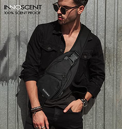 INNOSCENT Smell Proof Sling Bag Backpack - COMBINATION LOCK - Shoulder Crossbody Bag With USB/Headphone Charging Port Black (Black)