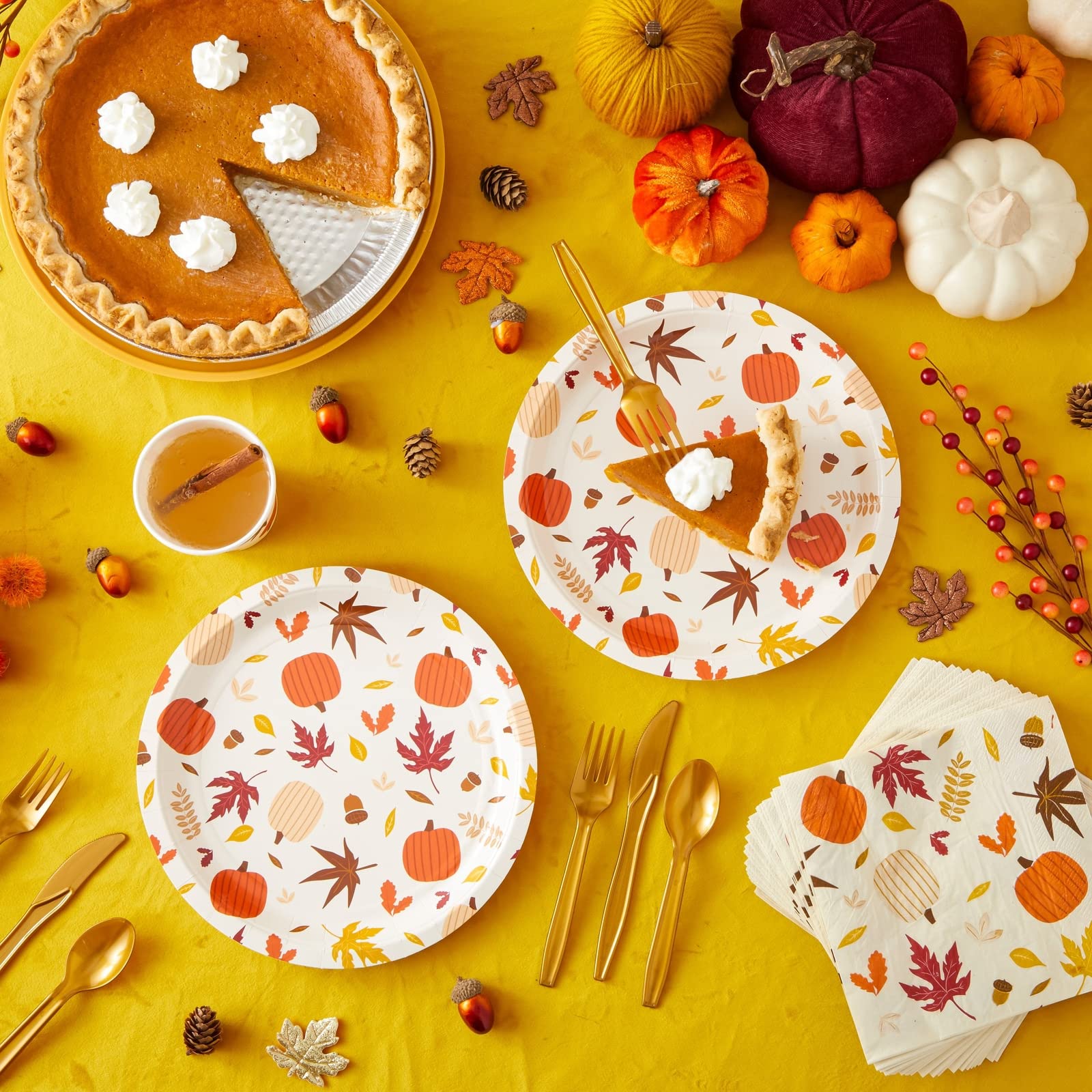 Juvale Autumn Paper Plates and Napkins, Cups, Cutlery for Thanksgiving, Fall Party Supplies (Serves 24, 144 Pieces)