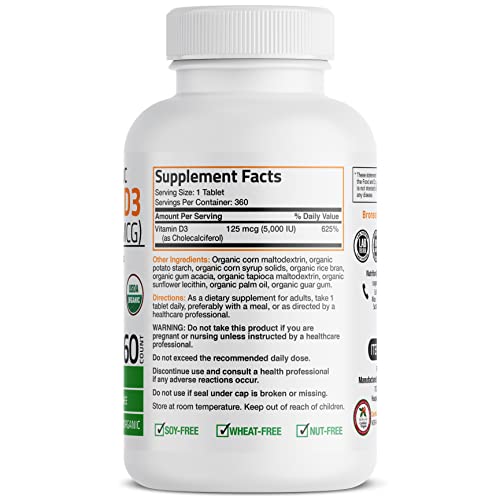 Bronson Vitamin D3 5,000 IU (1 Year Supply) for Immune Support, Healthy Muscle Function & Bone Health, High Potency Organic Non-GMO Vitamin D Supplement, 360 Tablets