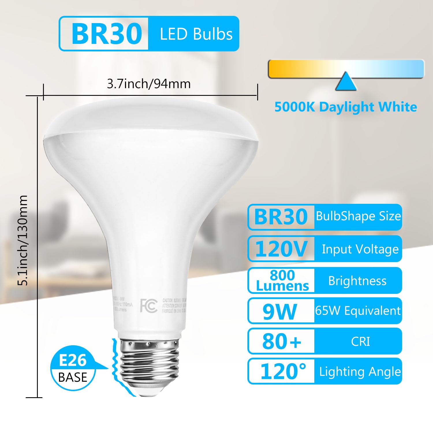 dalattin 12 Pack BR30 LED Bulbs 65W Equivalent, Dimmable Indoor Flood Lights 5000K Daylight White, 9W, 800 Lumens, E26 Base, LED Recessed Light Bulb for Living Room, Bedroom, Bathroom, Kitchen