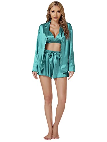 LYANER Women’s 3 Pieces Satin Cami Shorts Pajamas Rope Set Crop Sleepwear Lingerie Loungewear Set Turquoise Medium