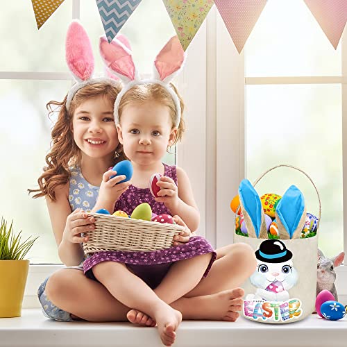 Easter Basket Bunny Canvas Bag - Easter Eggs Gift Baskets for Kids Eggs Hunt Bag Easter Bunny Tote Bag Easter Decorations (Blue)