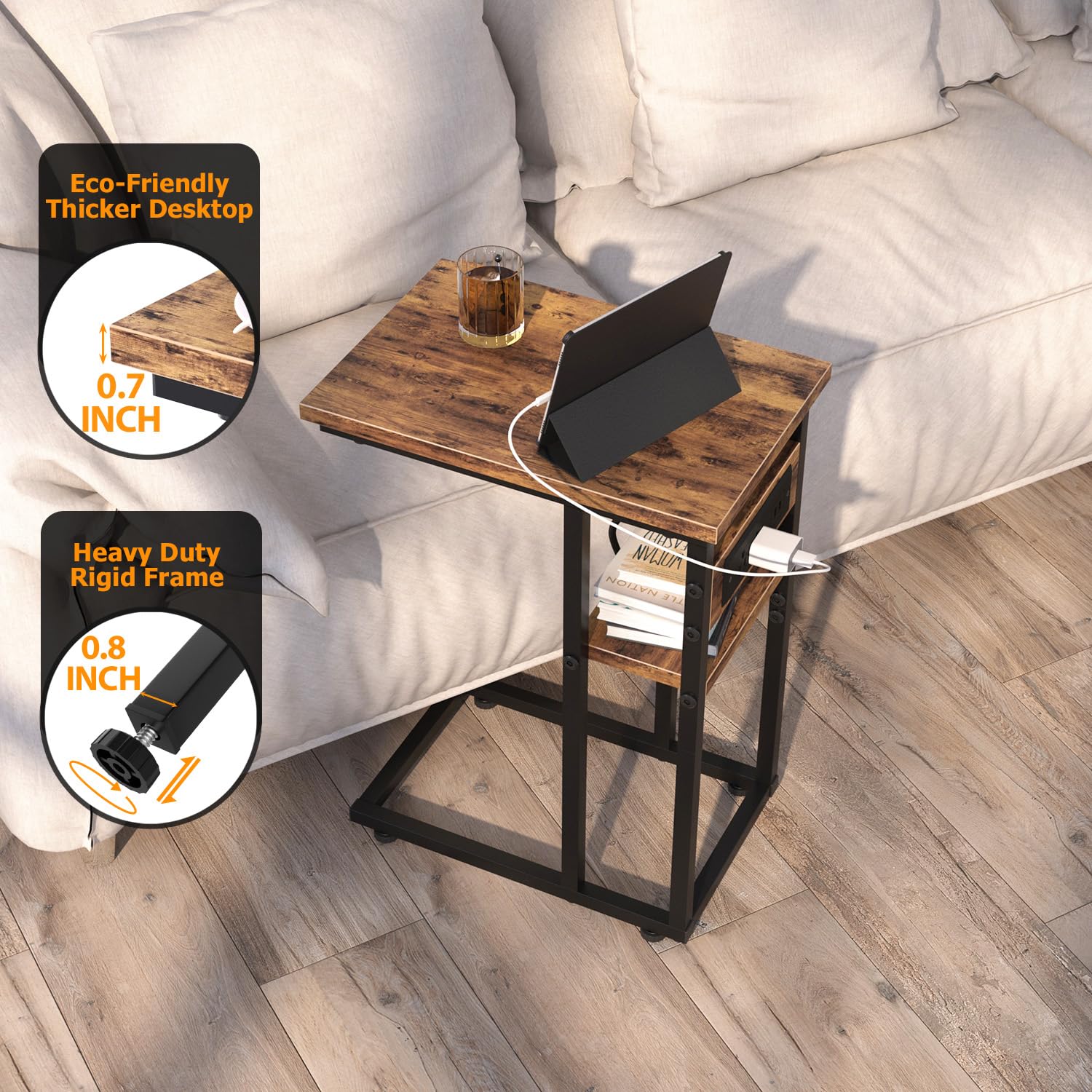 C Shaped End Table with Charging Station, 2 Tier Sturdy C Shaped Side Table Bedside Tables with Metal Frame for Living Room Bedroom, C Shaped Sofa Couch Table Snack Table Coffee Table, Rustic Brown