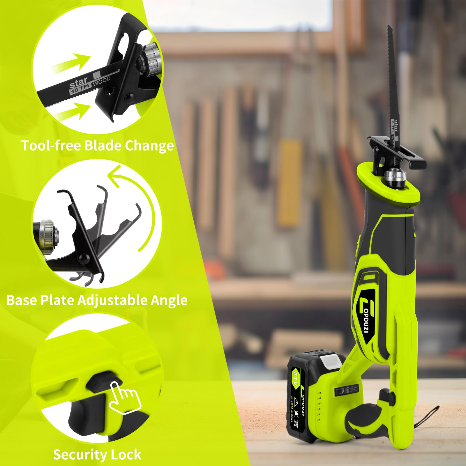 COPDUZI Cordless Reciprocating Saw,Brushless Cordless Saws With 21V 4.0Ah Battery Powered Electric, 0-3500SPM Variable Speed,12 Saw Blades Kit for Wood/Metal/PVC Cutting Included
