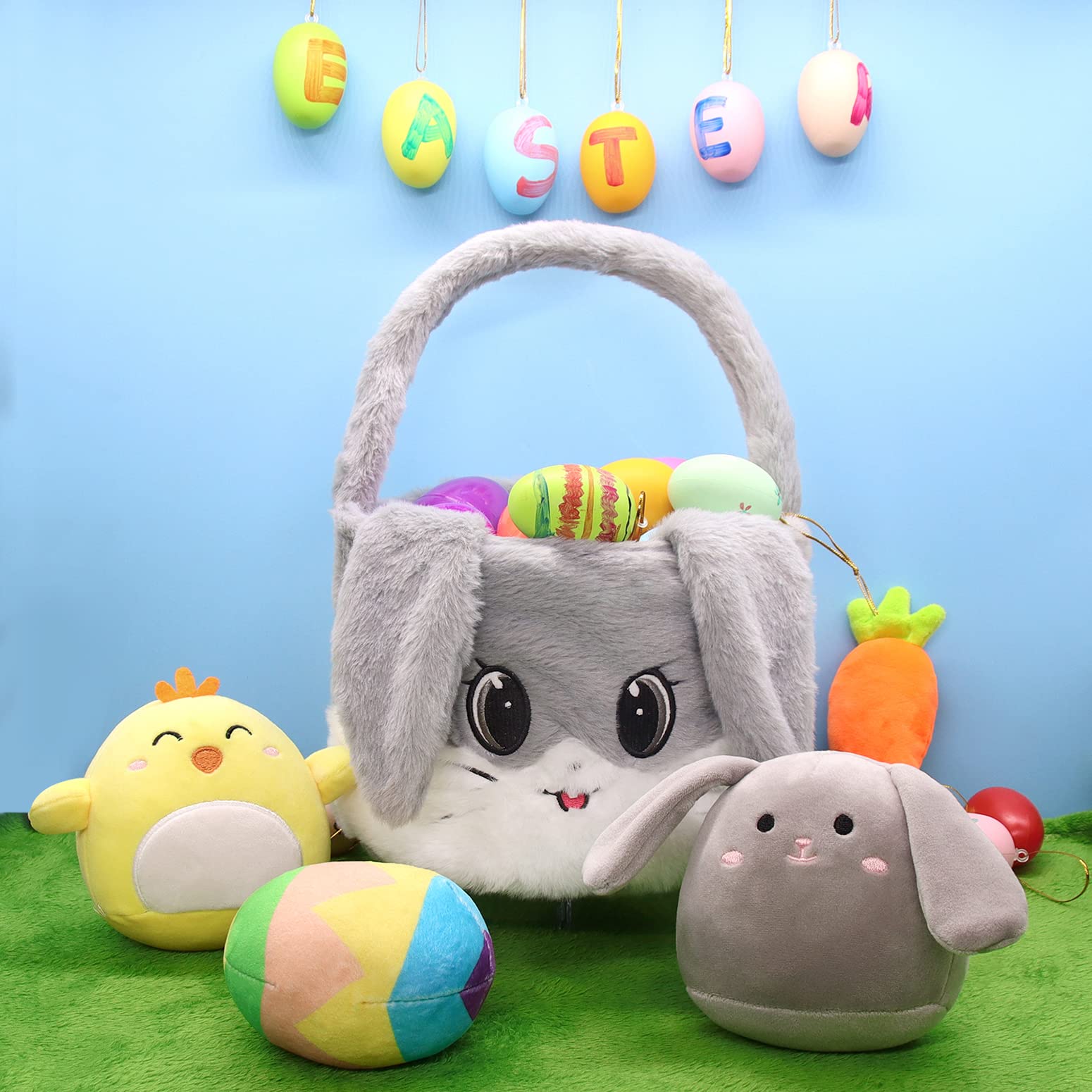 Easter Basket for Kids, Easter Baskets with Handle for Easter Eggs Hunting, Cute Easter Decoration Bunny Bags Filled with Plush Toys, Easter Theme Party Favor Easter Gifts for Boys Girls