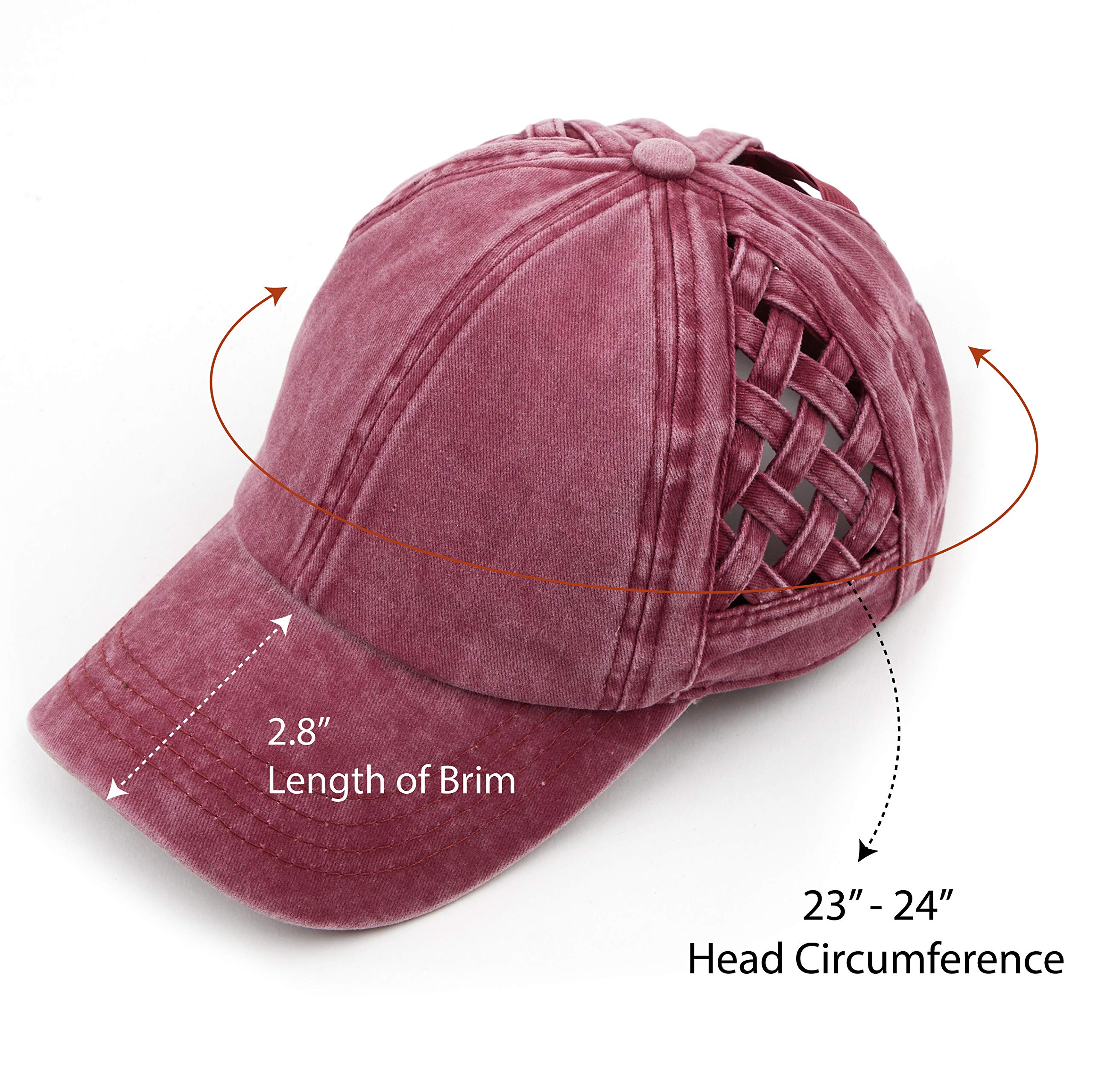 C.C Exclusives Washed Cotton Denim Basket Weave Criss-Cross Ponytail Baseball Cap Bundle Hair Tie (BT-922) (Coral)