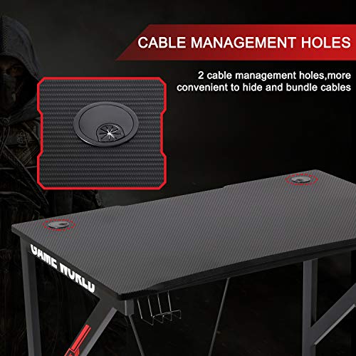 LYNSLIM Ergonomic Gaming Desk – 42” K Shaped Computer Table for Home Office Gamer Workstation with 2 Headphone Hooks and Cable Management (Black)