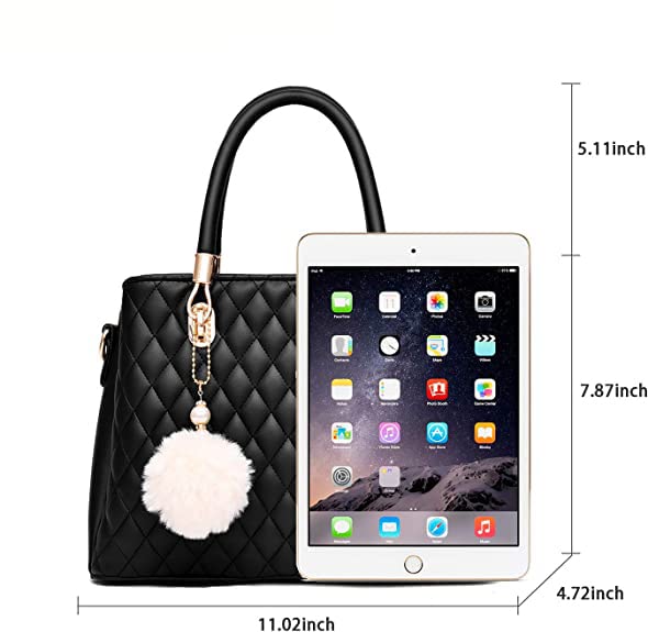 Womens Leather Handbag Purses Top Handle Quilted Shoulder Bag Totes Satchel for Ladies with Pompon