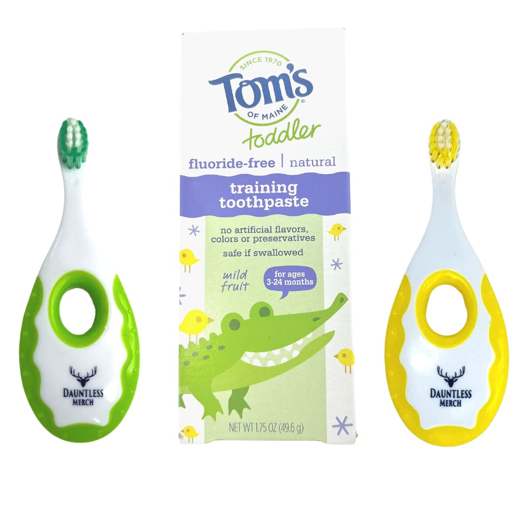 Dauntless Merch Easy to Grip Baby Toothbrush, and Fluoride Free Toddler Training Toothpaste, Mild Fruit Flavor, 1.75 oz. Starter Set.