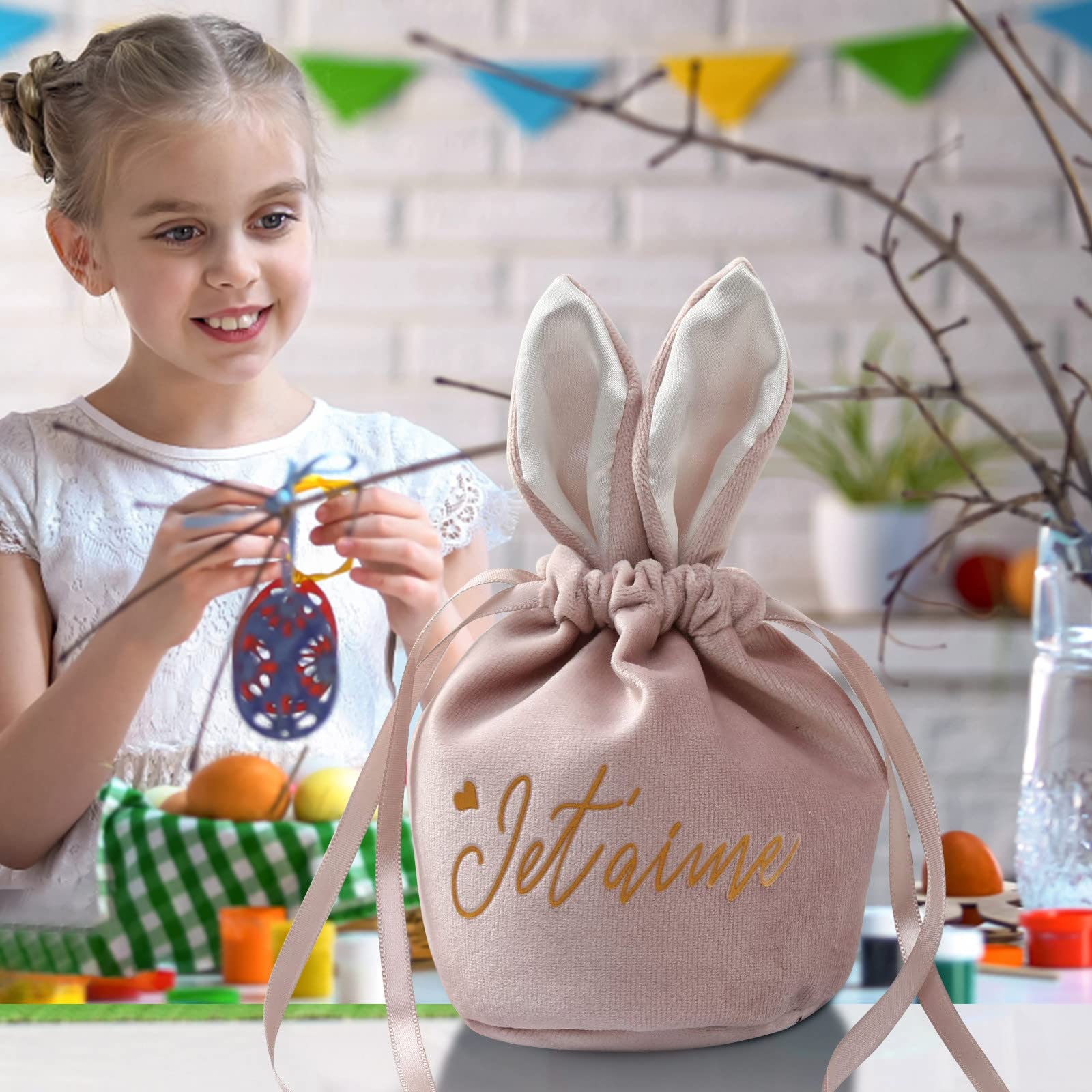 Easter Bunny Bags Easter Egg Basket for Kids, Rabbit Ears Bags Cloth Personalized Candy Egg Bags Rabbit Buckets Gifts Eggs Hunt Basket Bags for Easter Decoration (mixed-3Pcs)