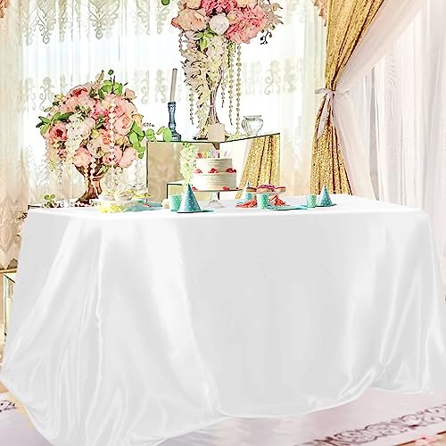 MODFUNS 2 Pack White Satin Party Tablecloth Rectangle 58x108 Inch Bright Silk Table Cloths Satin Table Covers Smooth Fabric Tablecloth Runner Vintage Overlay for Wedding Banquet Birthday Table