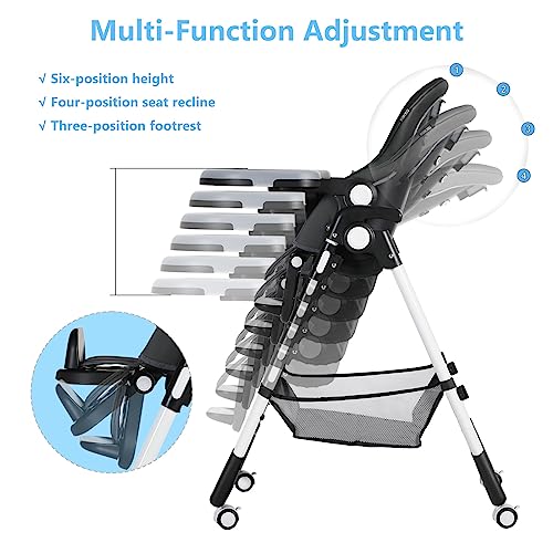Kinder King High Chair for Babies & Toddlers, Simple Fold Highchair w/Large Storage Basket, Adjustable Height, Recline & Footrest, Detachable Double Trays, 4 Lockable Wheels, Easy to Clean, Black