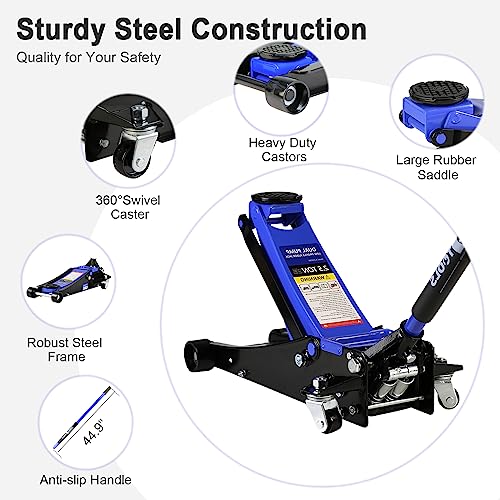 Lyromix 2.5 Ton Floor Jack, Steel Low Profile Car Jack with Dual Pump Hydraulic Car Quick Lift System, Heavy Duty Service Jack for Garages/Repair Shops/DIY, Lift Range 3.5”to 19.5", Blue/Black