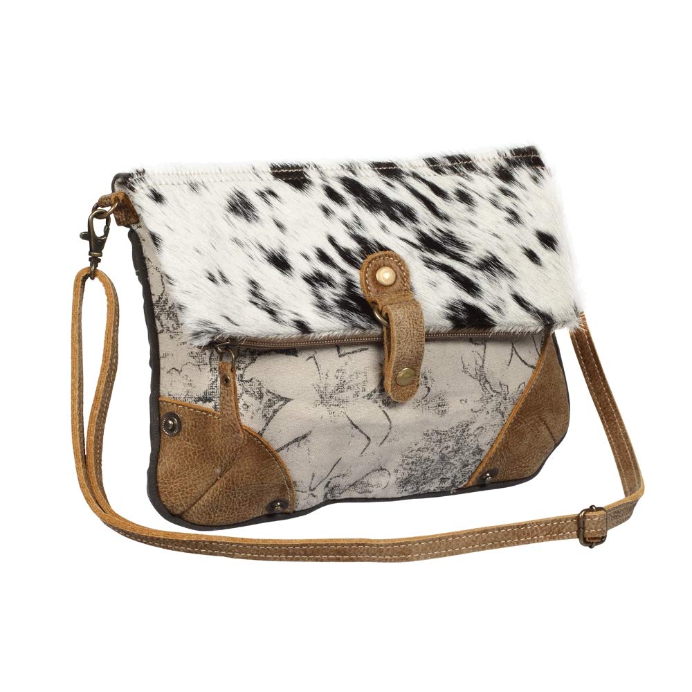 Myra Bag Coal Upcycled Canvas & Cowhide Fold-Over Crossbody Bag S-1304