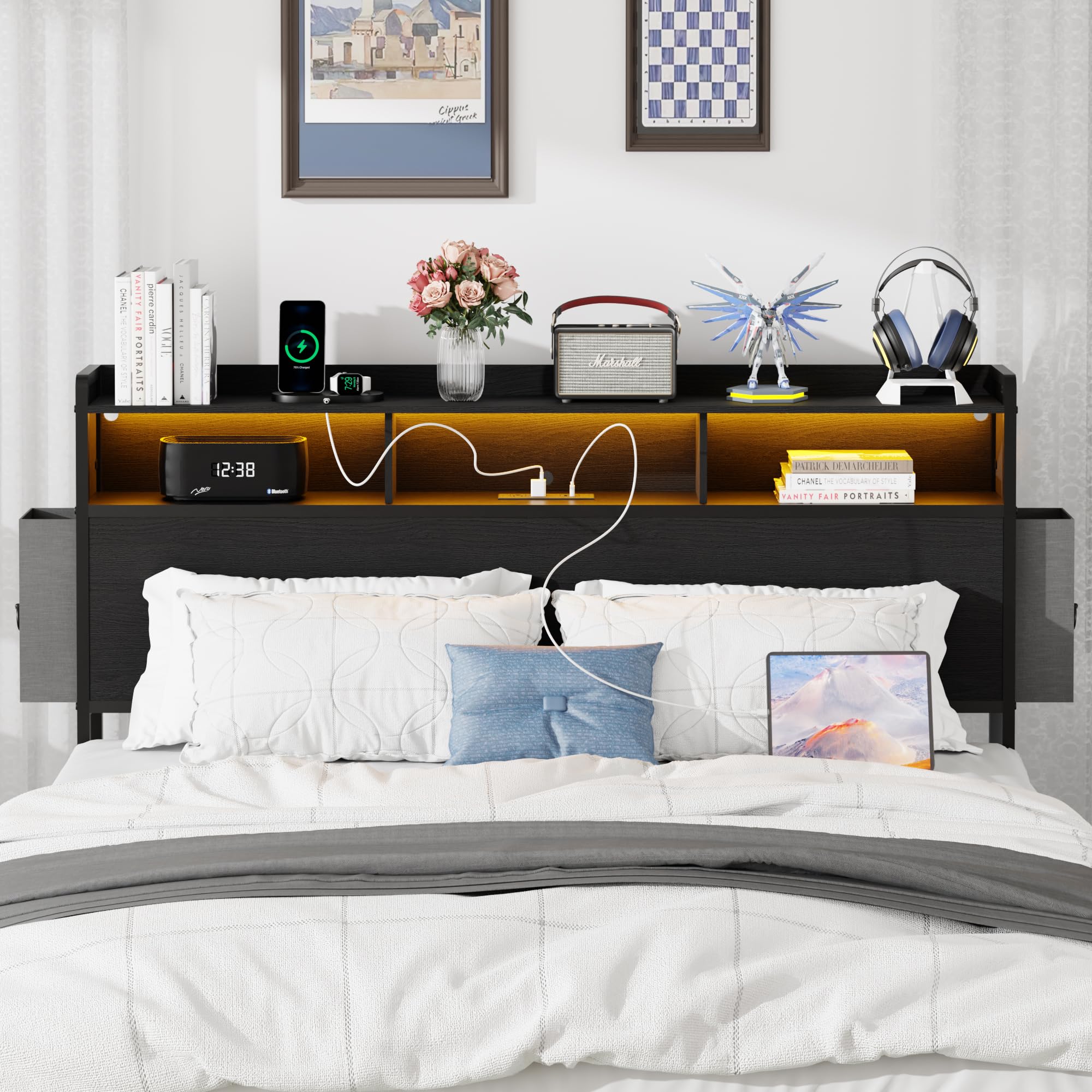 Decoholic King Size Headboard Only with Storage, Upholstered Headboard with Charging Station and LED Light, Sturdy and Stable, Easy to Assemble (Black+Barn Door, King)