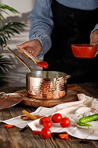 DEMMEX 1.2mm Thick Hammered Uncoated Copper Saucepan with Lid & Helper Handle, Food-Safe Tin Lined (1.7-Quart)
