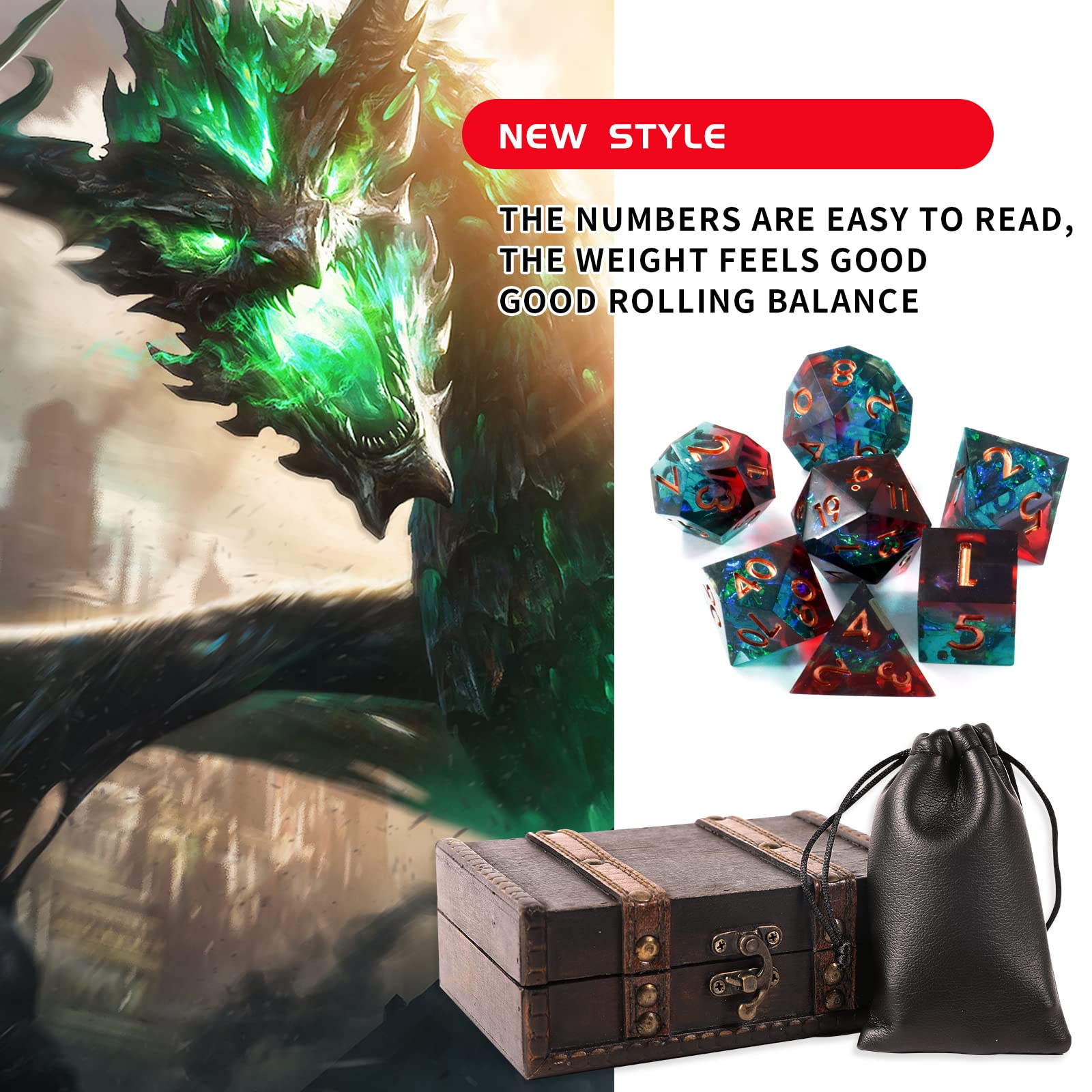 DDFE DND Dice Set 7-Die Polyhedral Resin RPG Dice Set Dice with Beautiful Glitter Inclusions for Dungeons and Dragons RPG MTG Table Games D&D Pathfinde,d and d Game Dice with Gift Box