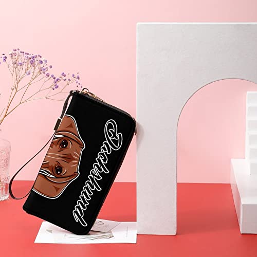 Dachshund Middle Finger Gesture Women's Long RFID Hand Wallet Wristlet Clutch Purse PU Leather Handbag with Wrist Strap