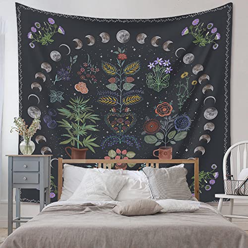 PATCHWORK Botanical Moon Phase Tapestry, Moonlit Garden Wall Hanging Nature Floral Plant Tapestries Mysterious Tapestry Gift Art Home Bedroom Decor Living Room (51.2 inch x 59.1 )