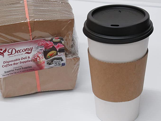Decony Disposable Coffee Cups With Lids , Sleeves 16 oz. White Paper Coffee Cups with Black Dome Lids travel To Go Cups - 100 sets