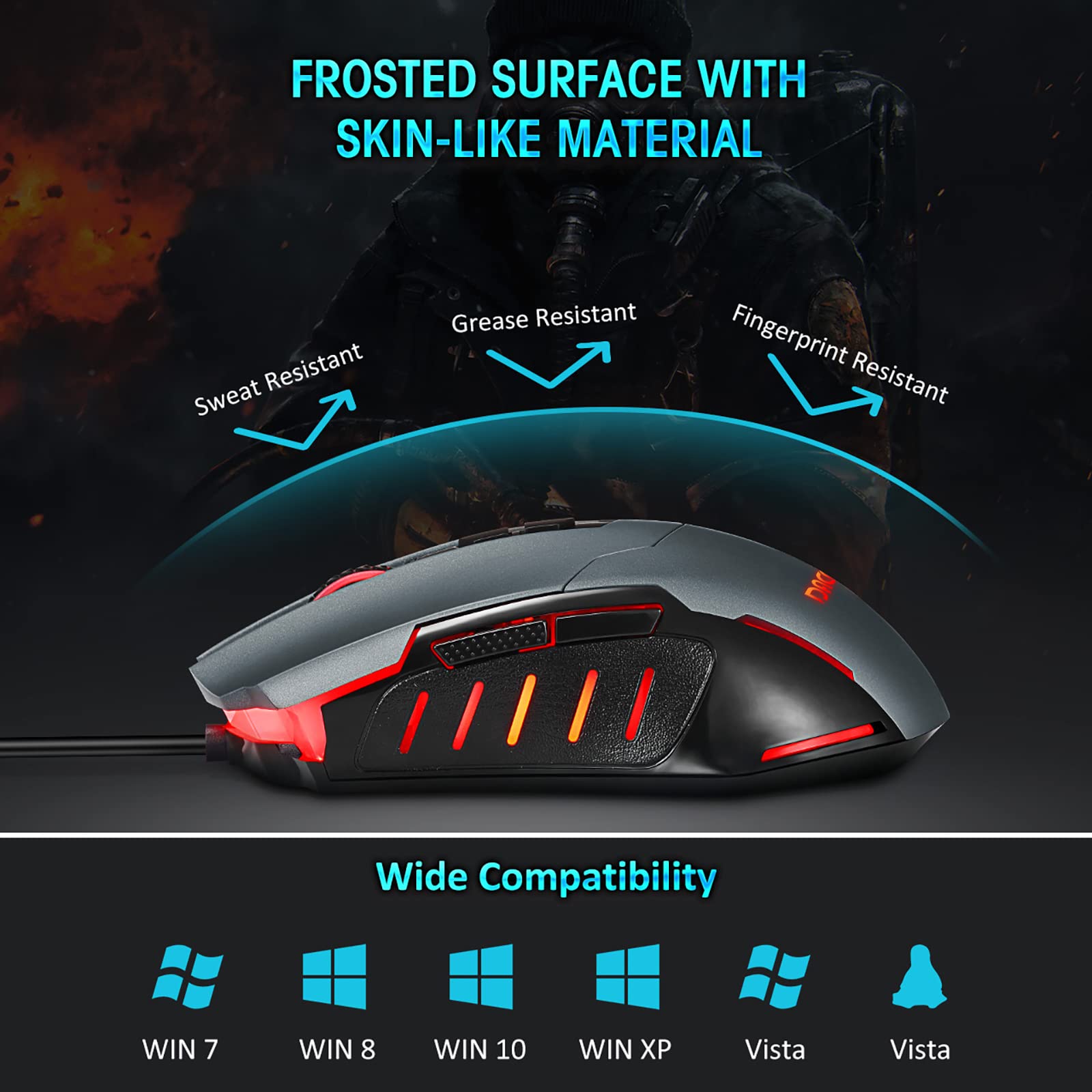 Dacoity Wired Gaming Mouse, PC Gaming Mice Gamer Mouse [RGB LED][7200 DPI][7 Programmable Buttons][Plug Play] USB Ergonomic Mouse for Windows Mac Laptop PC Gamers - Grey