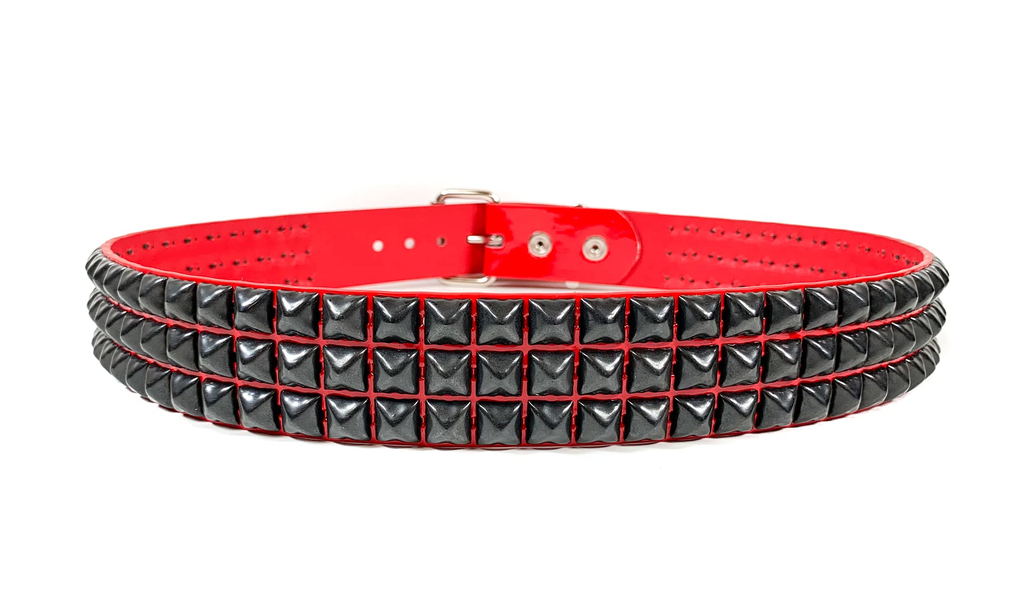 Patent Red Three Row Black Pyramid Stud Belt Vegan Leather Punk Goth Alternative USA Made (XL)