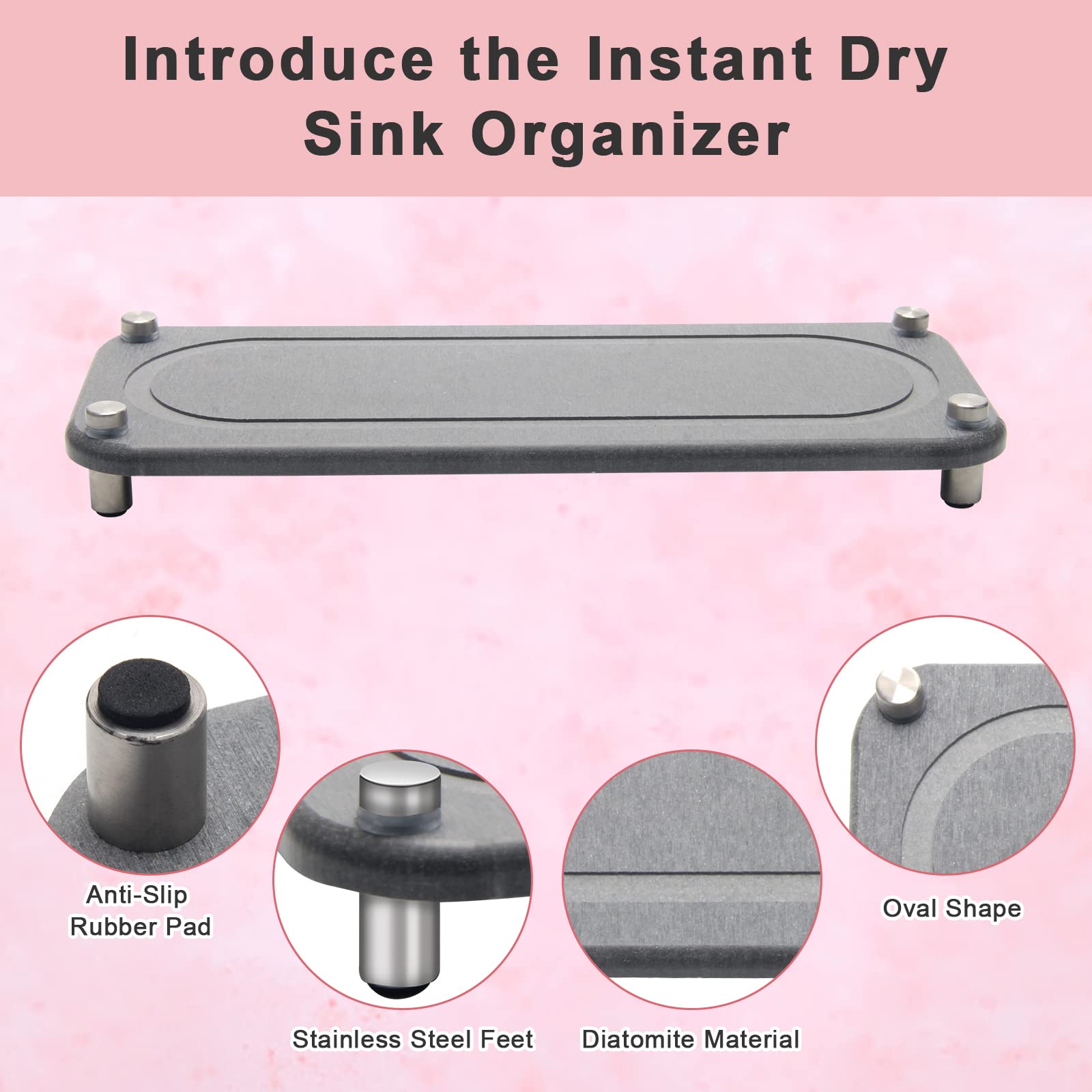 Coldairsoap Instant Dry Sink Organizer, kitchen Bathroom Sink Fast Drying Stone, Water Absorbing Stone Tray For Sink With 1Pcs Soap Rack(Grey)