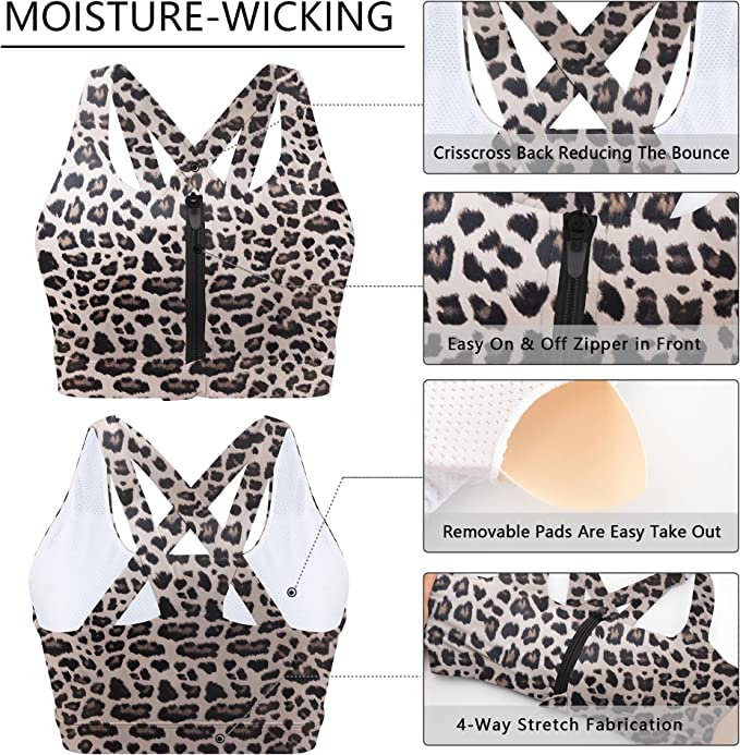 Cordaw Women Sports Bra Zipper Front Criss Cross Strappy Back Medium Impact Supportive Zip Up Bra-Leopard XXL