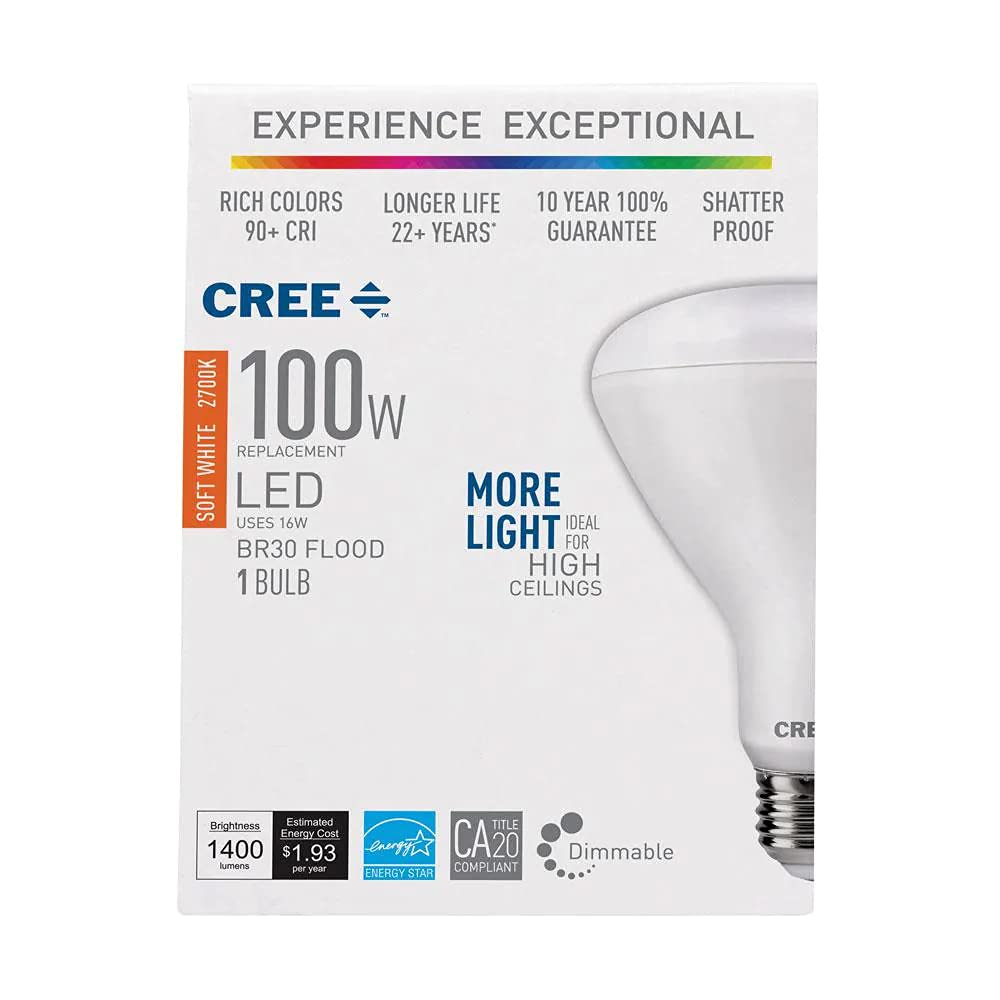Cree Lighting Exceptional Series BR30 Bulb, 2700K Dimmable LED Bulb, 100W + 1400 Lumens, Soft White, [4] 1 Packs (TBR30-14027FLFH25-12DE26-1-11004S-D-MP)
