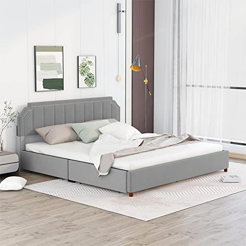 GLORHOME King Size Upholstered Platform Bed with Headboard and 4 Storage Drawers, Solid Support Legs