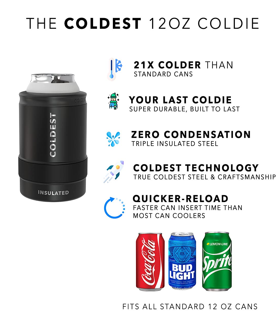 COLDEST Standard Can Cooler for Beer, Soda, Sparkling Water | Vacuum Insulated Stainless Steel Drink Sleeve Holder for 12 oz Regular Cans