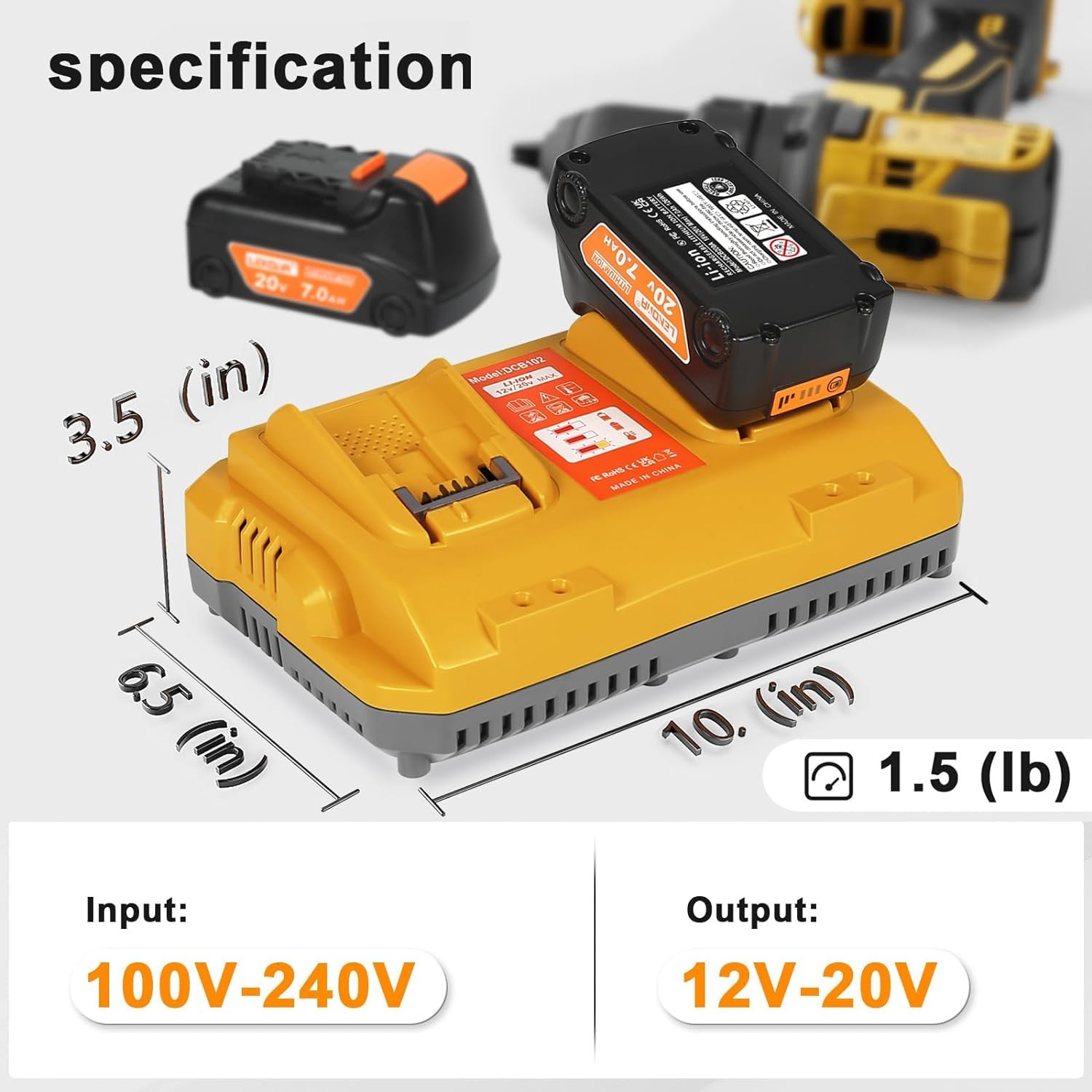 DCB102 Battery Charger Station for Dewalt Battery,Simultaneous Charging for 12V and 20V Max Battery, Compatible with DCB124 DCB126 DCB200 DCB205 Yellow