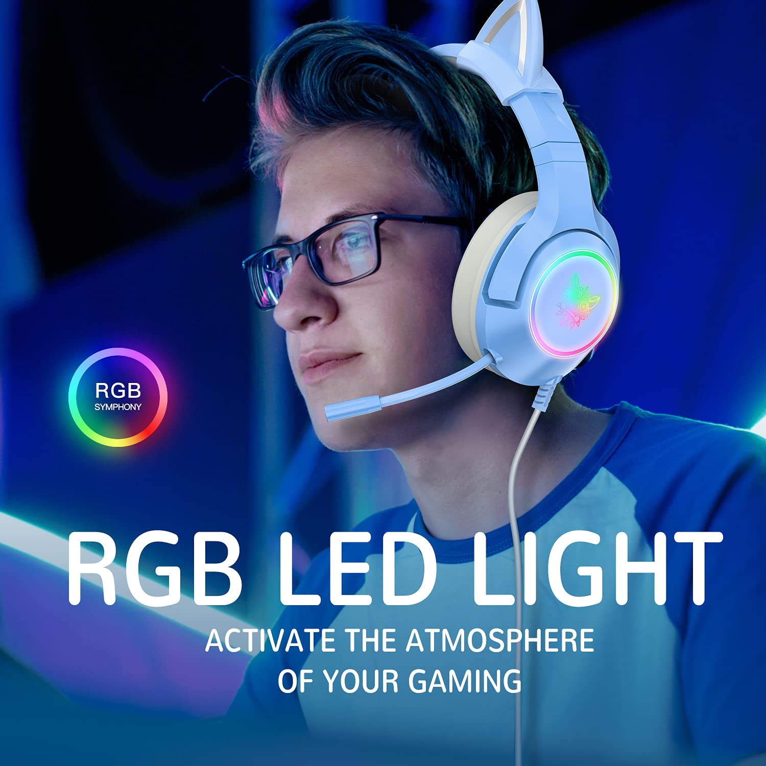 SIMGAL Blue Gaming Headset with Removable Cat Ears, Compatible with PC PS4 PS5 Xbox One(Adapter Not Included) Mobile Phones, with Surround Sound, RGB Backlight & Retractable Microphone