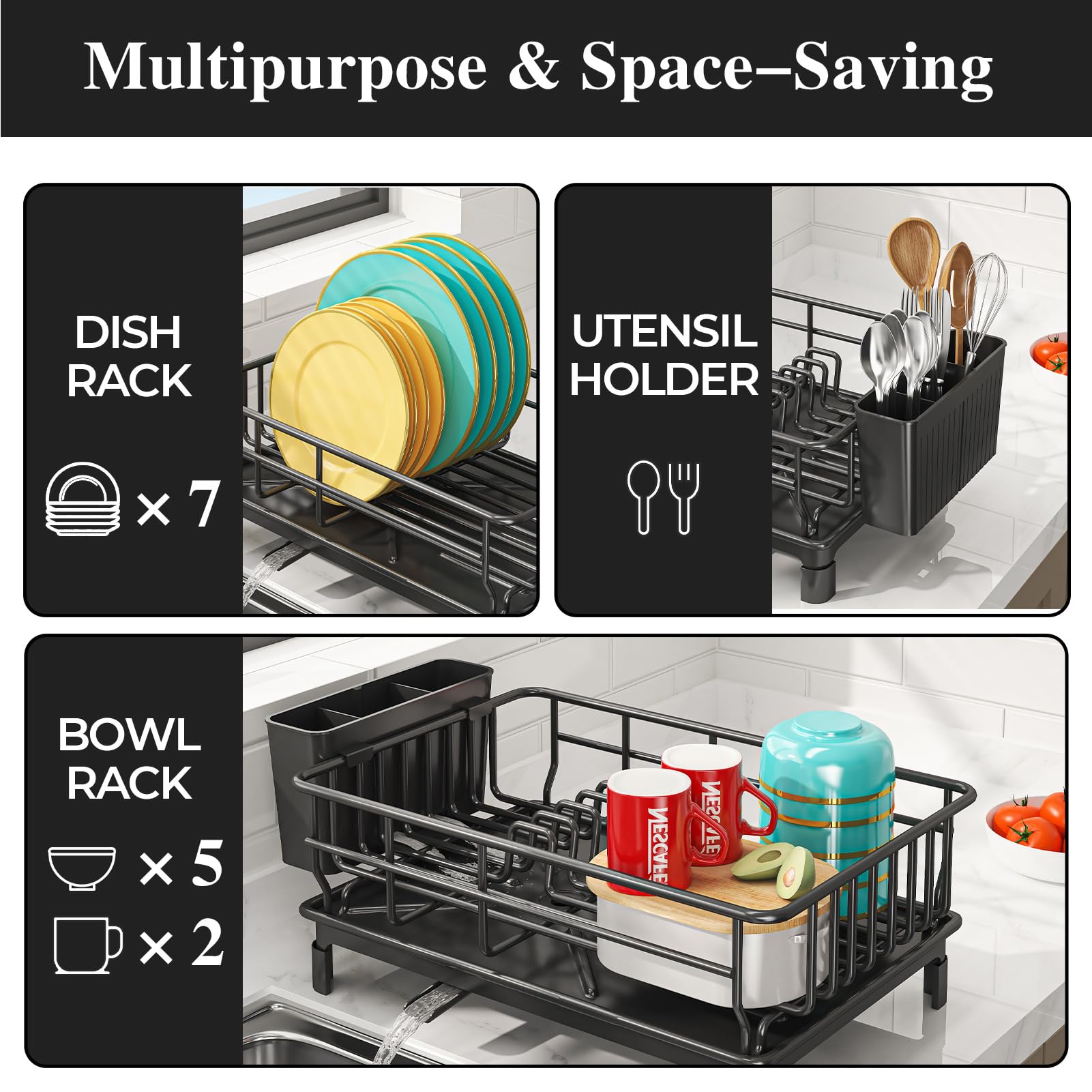 Famhap Small Dish Drying Rack, Dish Rack with Drainboard Dish Drainers for Kitchen Counter Sink Adjustable Spout, in Sink Dish Strainers with Utensil Holder and Knife Slots, White