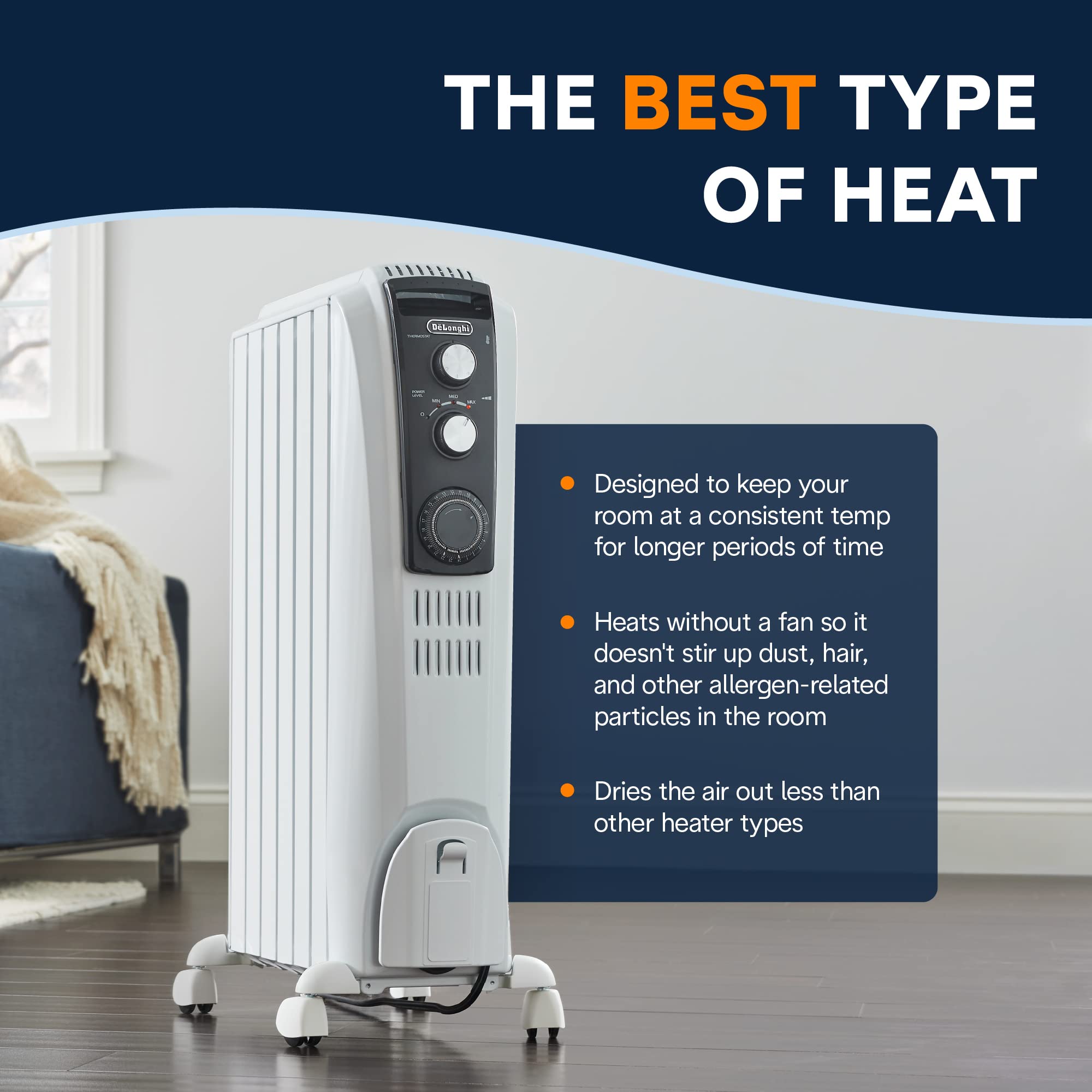 De'Longhi Dragon Oil Filled Radiator Heater, 1500W Electric Space Heater for indoor use, portable room heater, programmable timer, full room heater with safety features, TRD40615T