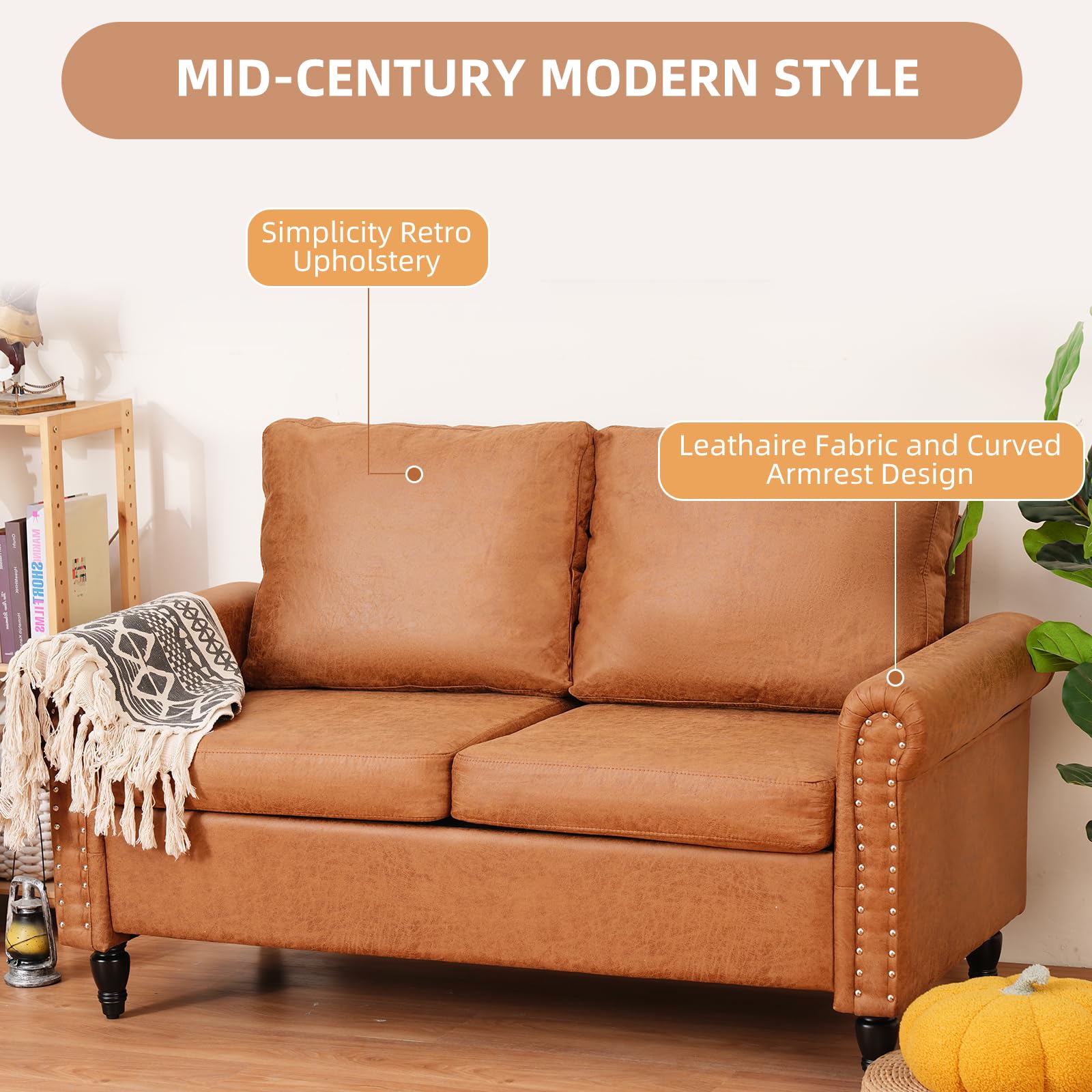 J.C.UP 57 Loveseat Sofa,2 Seat Couch with Leathaire Fabric,Small Couches for Small Spaces with Solid Wood Legs,Comfy Love Seat Sofa for Living Room,Bedroom,Apartment(Brown)