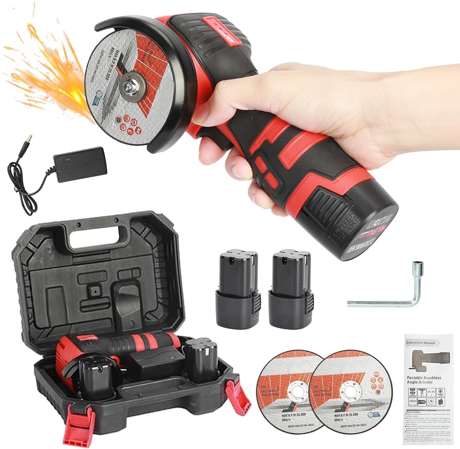 Cordless Angle Grinder 18V 550W, Battery Mini Angle Grinder, Power Angle Grinder Tool, Brushless Angle Grinder Electric Handheld Cutter Machine for Grinding Cutting Polishing with Suitcase (Red)
