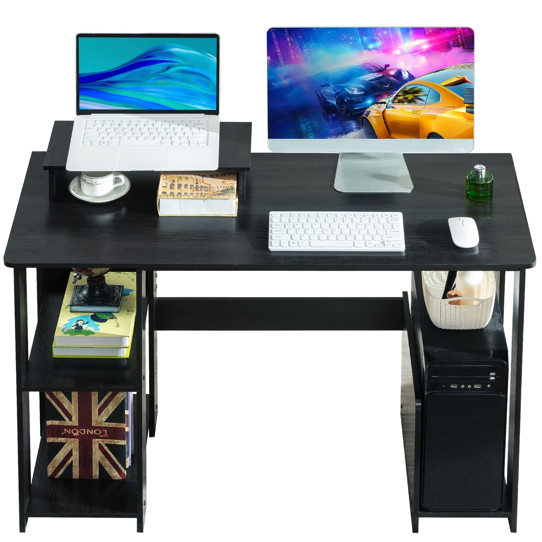 WOODYNLUX Computer Desk with Writing Storage-Shelf for Home-Office 43.4 inch Modern Simple Style Corner Laptop Table Desk for Writing Studying Working Gaming with Monitor Stand Space Saving.
