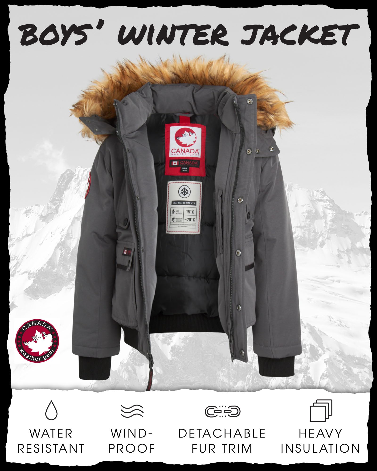 CANADA WEATHER GEAR Boys' Winter Coat β Heavyweight Bomber Parka Ski Jacket (Size: 4-20), Size 8, Coal Grey