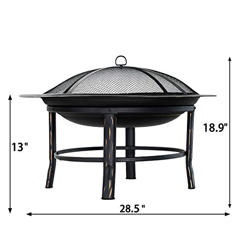 Fire Pit 28 Inch Outdoor Wood Burning BBQ Grill Firepit Bowl for Camping Picnic Bonfire Patio Backyard Garden Beaches Park with Carry Bag,Mesh Spark Screen Cover,Log Grate,Black