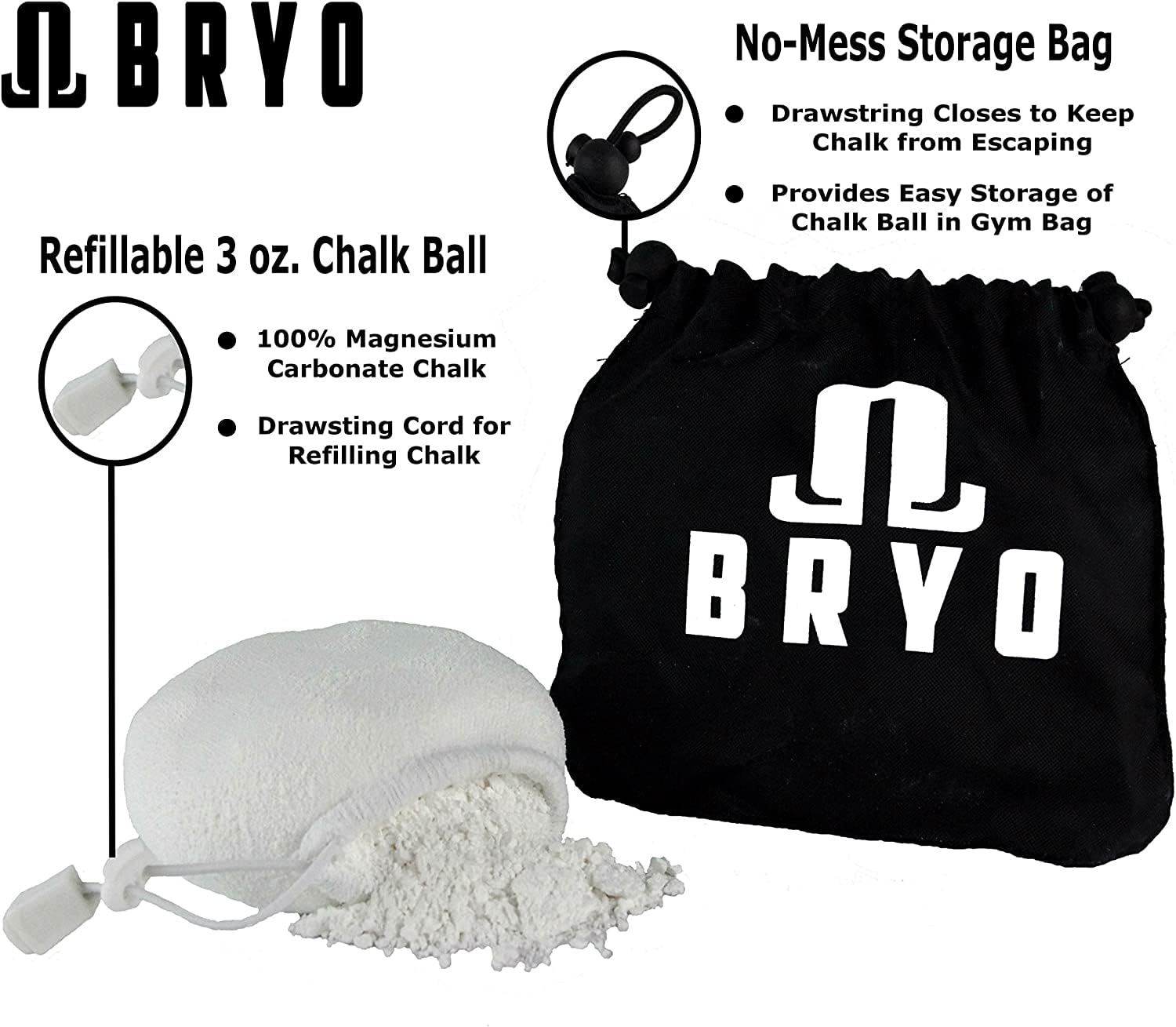 Chalk Ball 3 oz with Storage Bag - Premium Chalk for Rock Climbing, Weightlifting, Gymnastics, Crossfit & More - Mess Free Gym Chalk with Refillable Sock - Natural Drying Formula