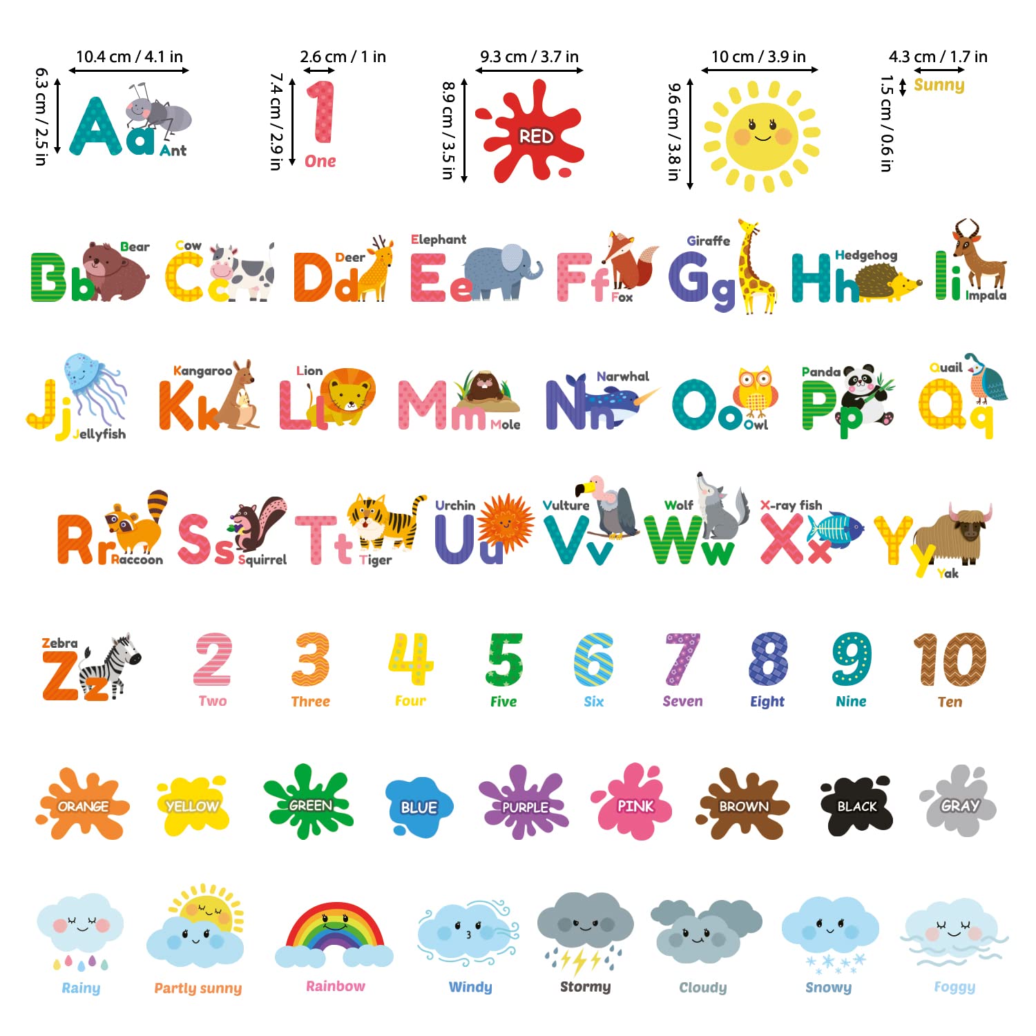 DECOWALL DS9-8070 Animal Alphabet Numbers Colour Weather Kids Wall Stickers Decals playroom Letters Decor Bedroom ABC Nursery Classroom Toddlers Learning Educational Baby Rainbow Colorful
